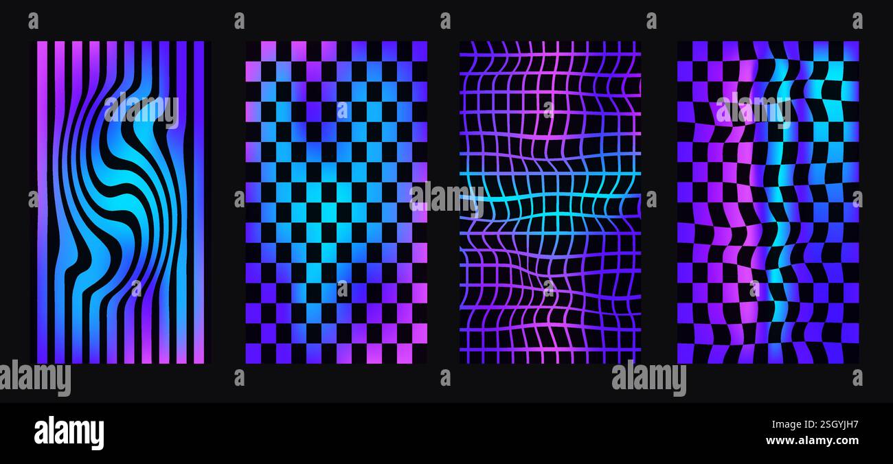 Checkerboard neon background set. Psychedelic checker gradient posters ...