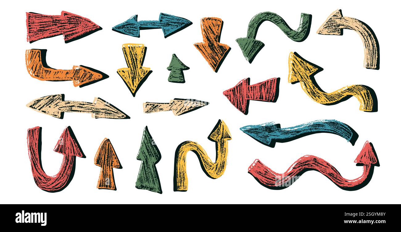 Arrow set crayon drawing. Direction pointers for game. Path marks ...