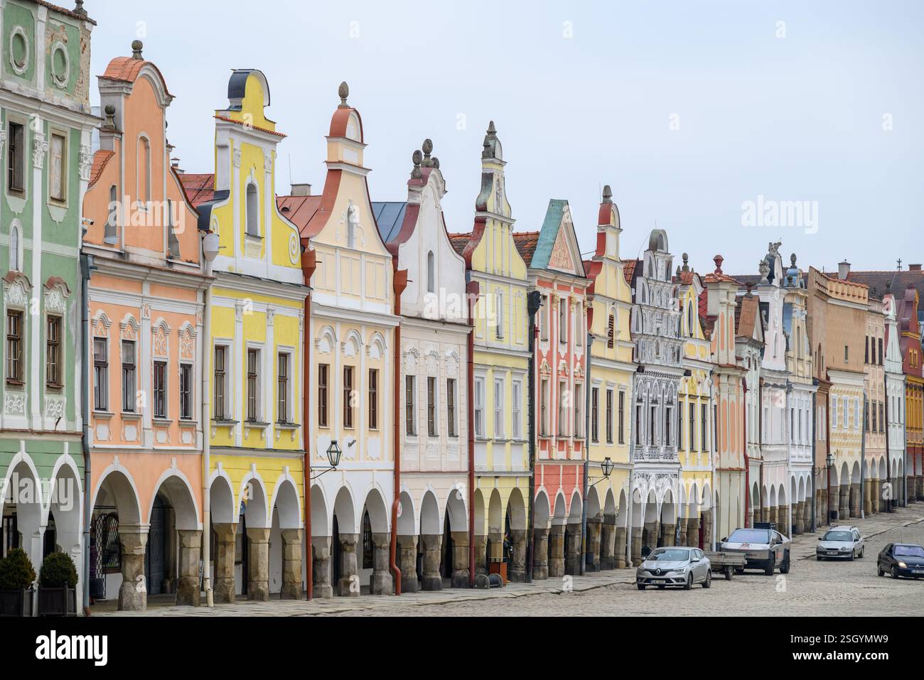 Colorful facades on houses in the historic old town of Telc, Unesco ...