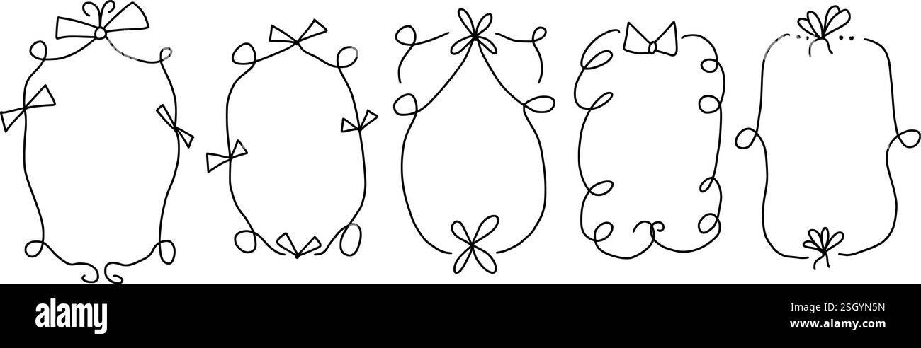 Doodle coquette frames with bows. Vintage scribble line wavy border ...