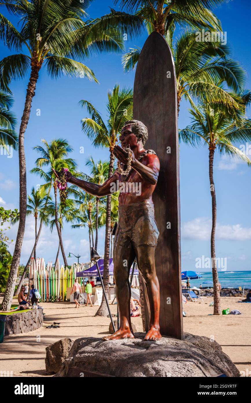 Honolulu, Hawaii - USA - September 1, 2018: A bronze statue of famous ...