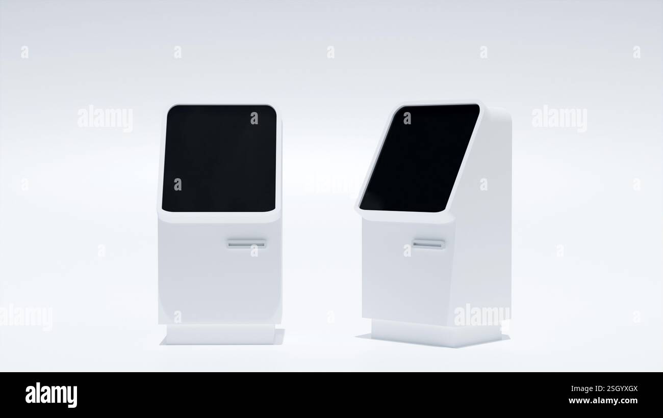 3D model of a white payment terminal with a display on a white ...