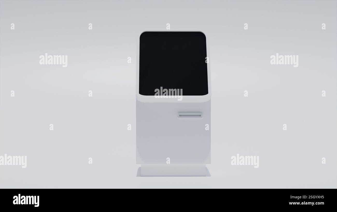 3D model of a white payment terminal with a display on a white ...