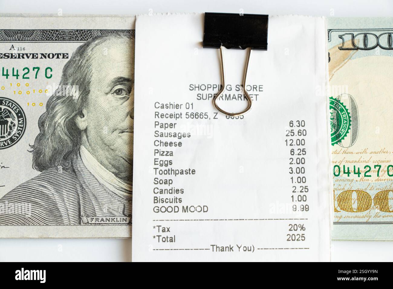 A cash receipt from a supermarket, where the shopping list indicates ...