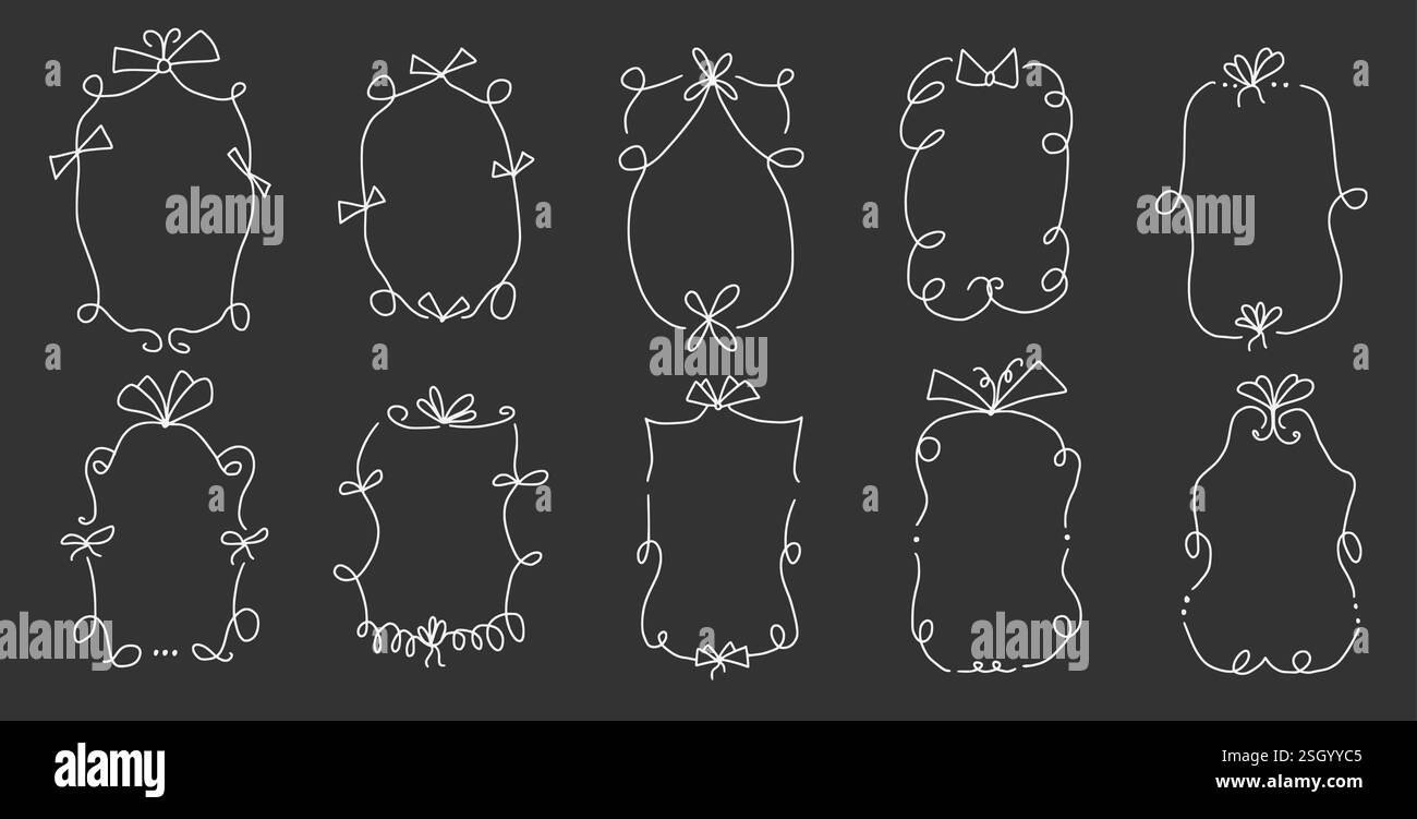 Doodle coquette frames with bows. Vintage scribble line wavy border ...