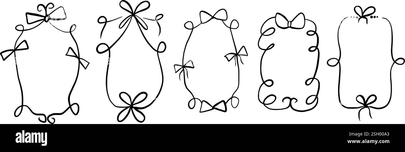 Doodle coquette frames with bows. Vintage scribble line wavy border ...