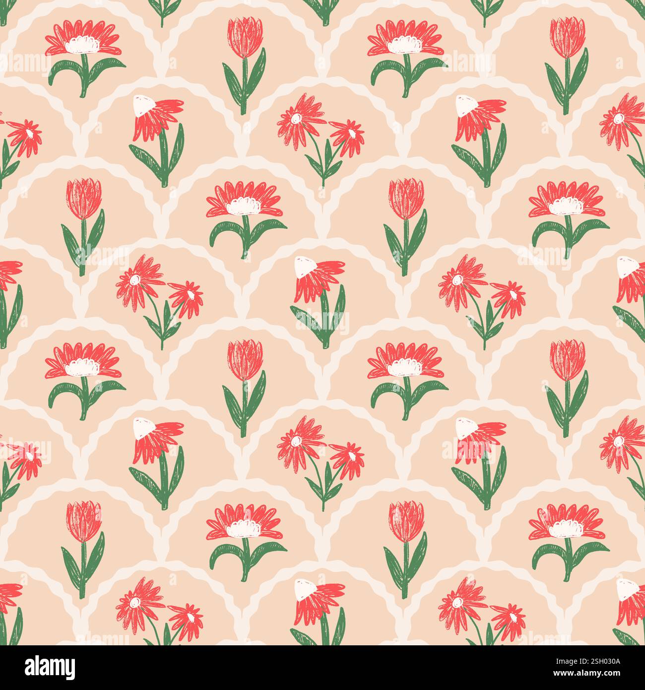 Flowers crayon drawn seamless pattern. Floral allover background ...