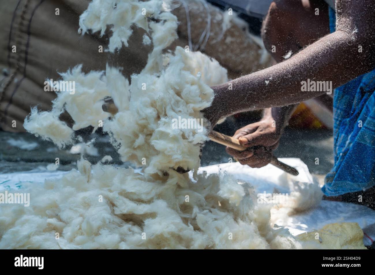 A worker processes raw cotton using traditional hand techniques ...