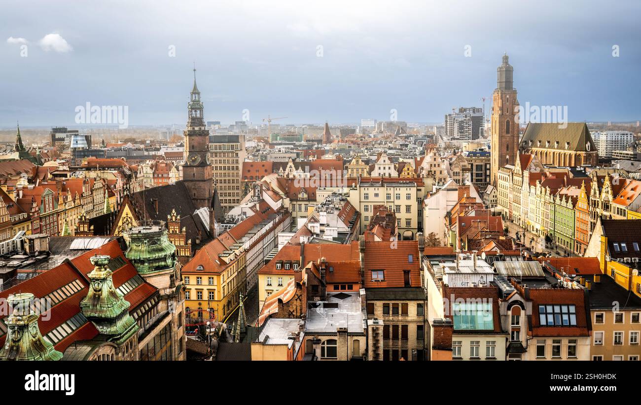 Aerial view on Medieval architecture of Wroclaw city in Poland. Fairy ...