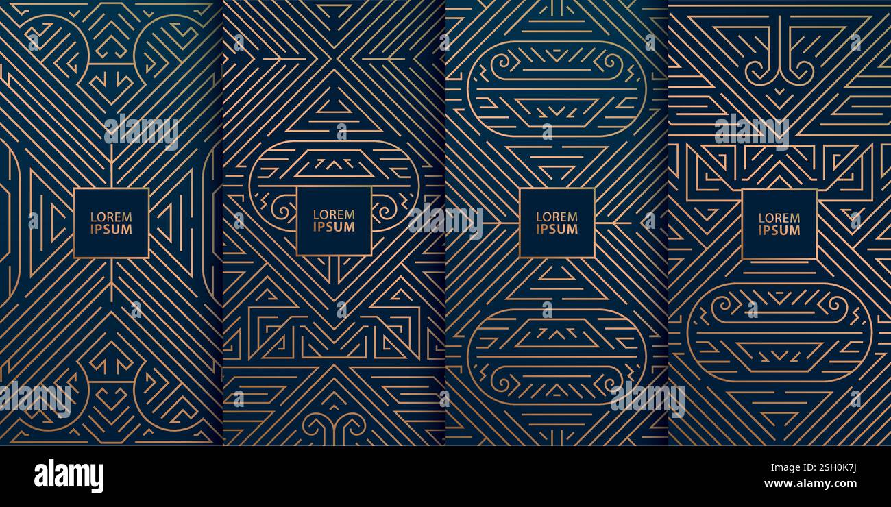 Vector set of art deco luxury, fancy frames, wine labels, gold on blue ...