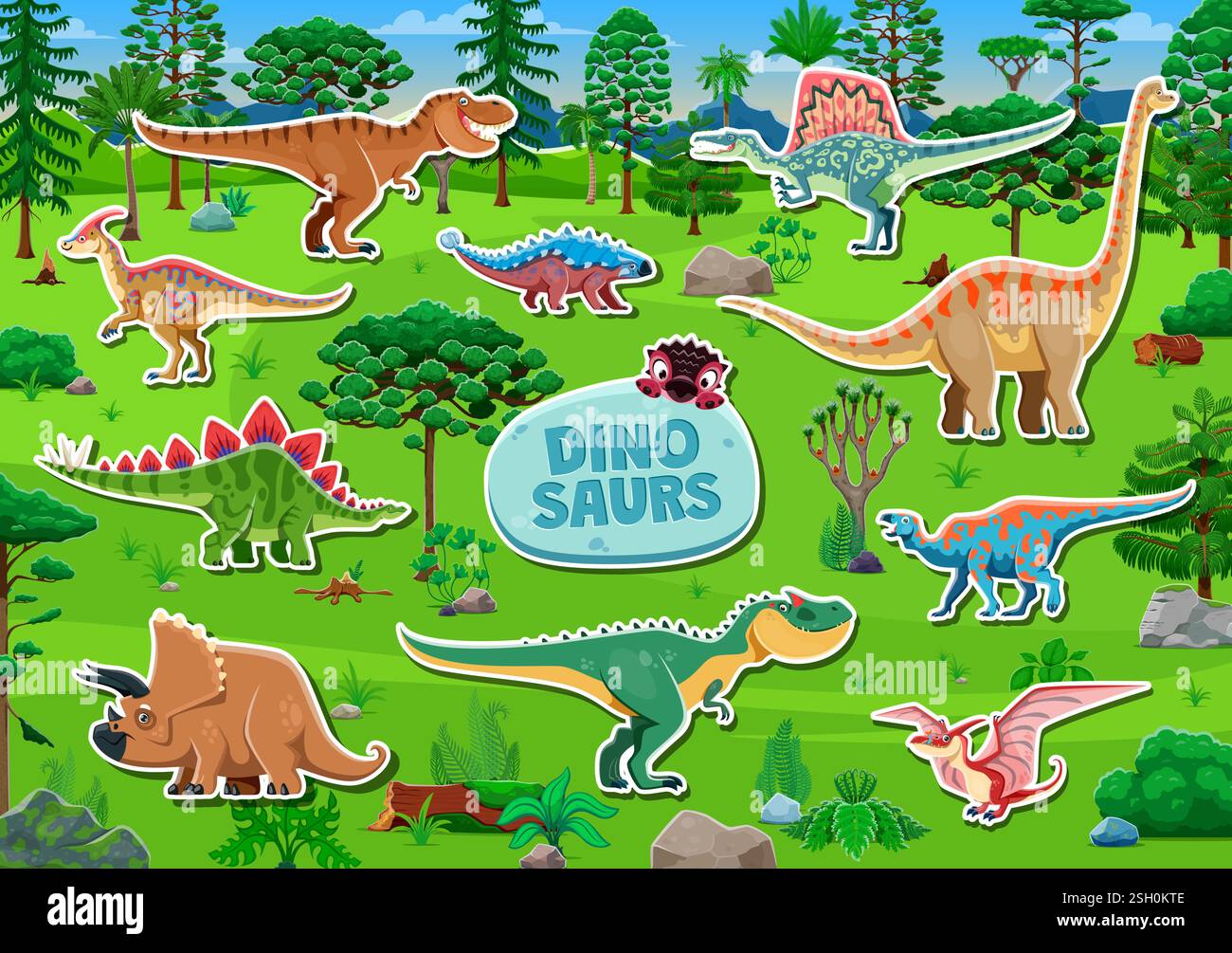 Prehistoric dinosaurs cartoon characters stickers pack. Jurassic ...