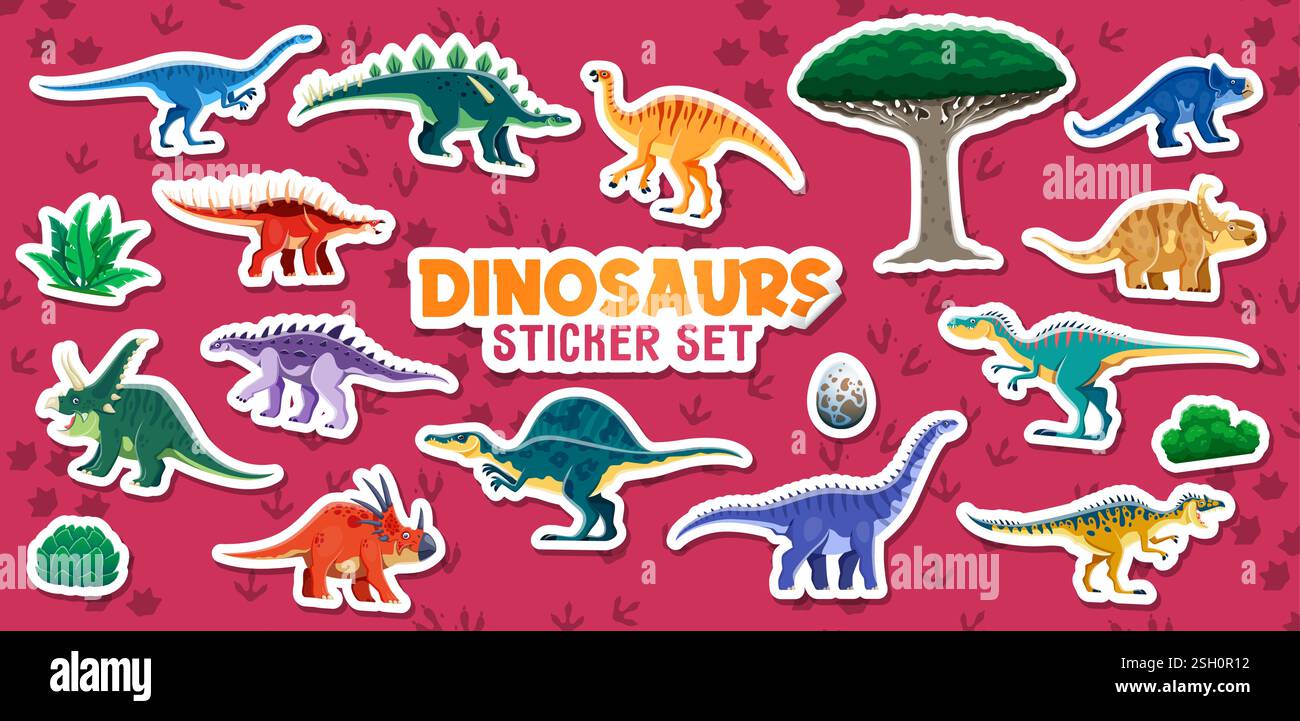Cartoon prehistoric dinosaur stickers of funny dino lizards, vector ...