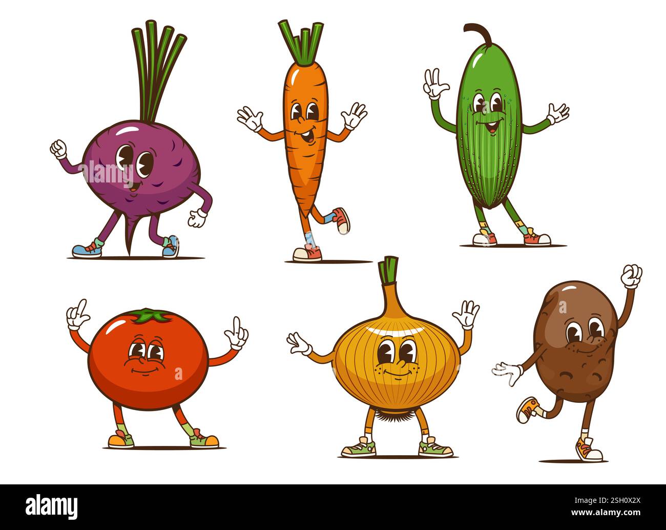 Cartoon groovy vegetable characters with funny happy faces, vector ...