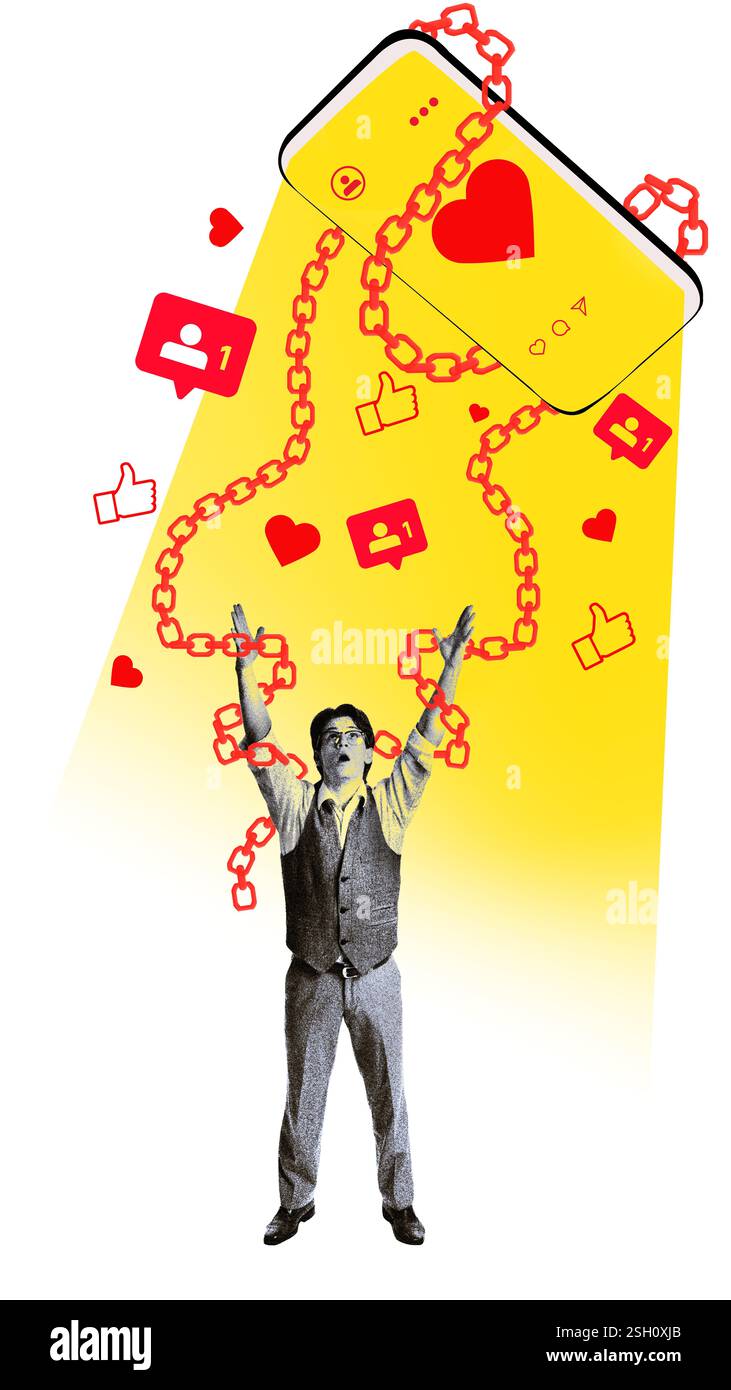Creative artwork. Man reaches for screen, surrounded by chains of likes ...