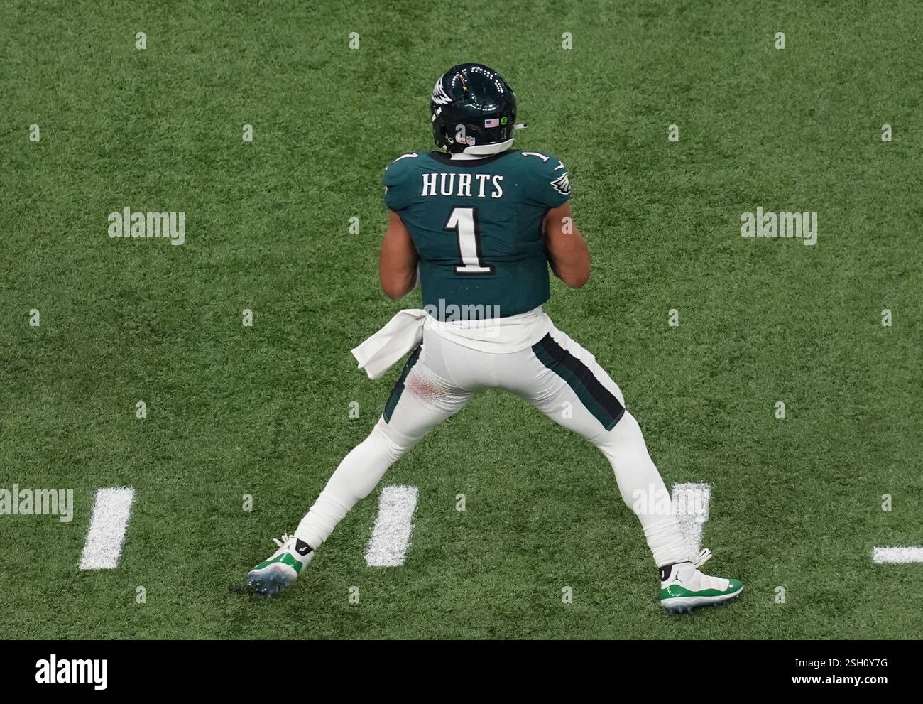 Philadelphia Eagles quarterback Jalen Hurts (1) during NFL Superbowl,Sunday, Feb 9, 2025. in New ...