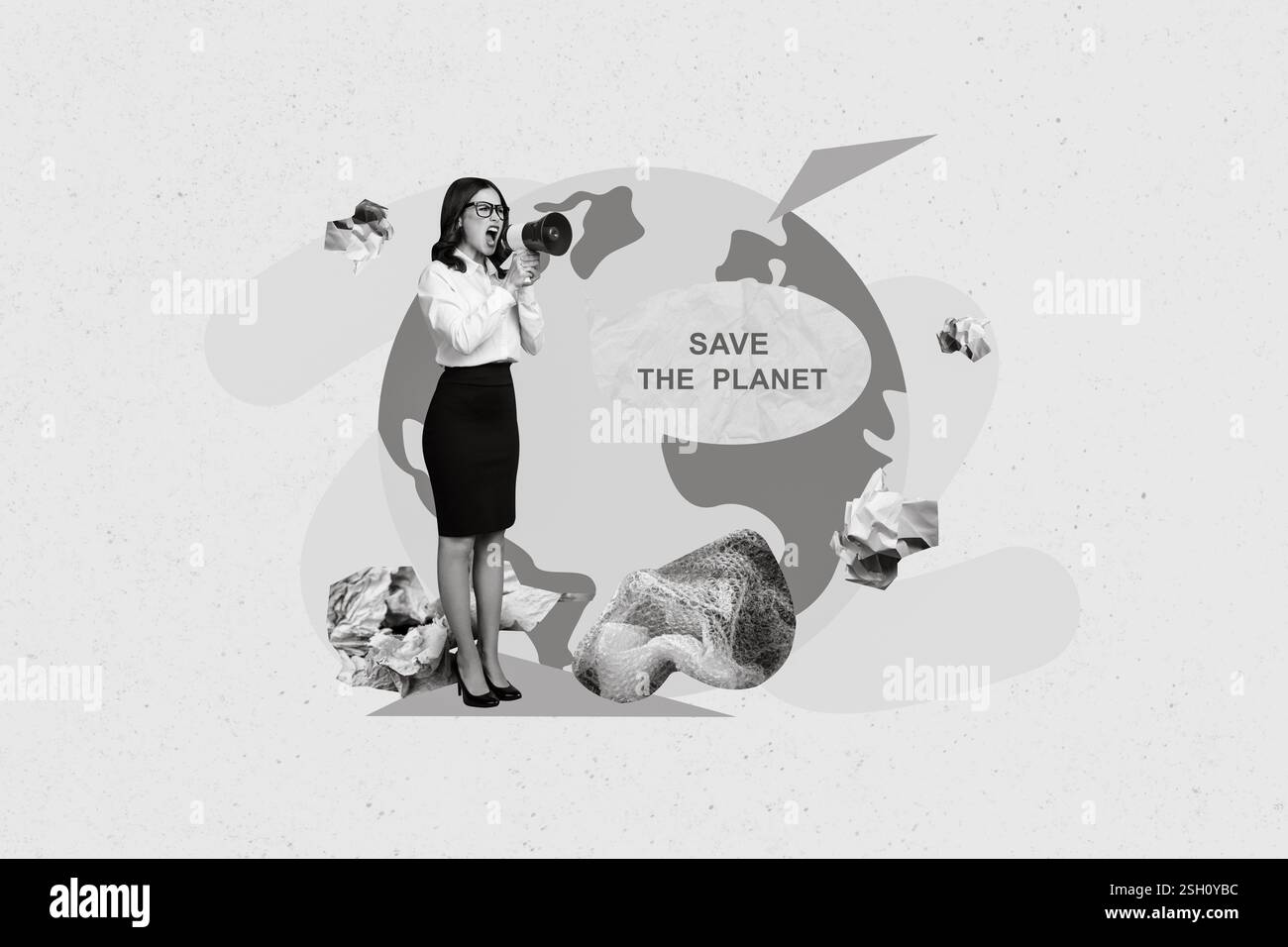 Collage photo of young activist woman screaming loudspeaker message ...