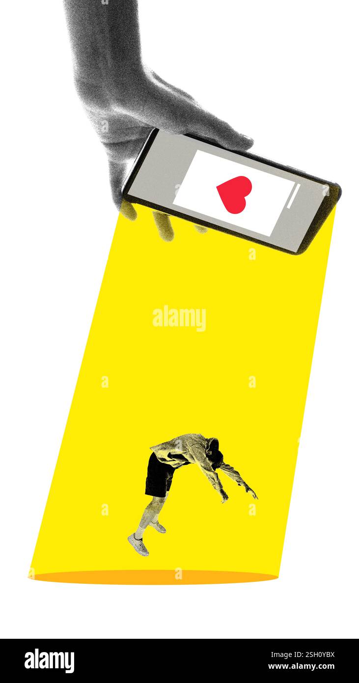 Creative artwork. Man pulled into glowing phone screen with social ...