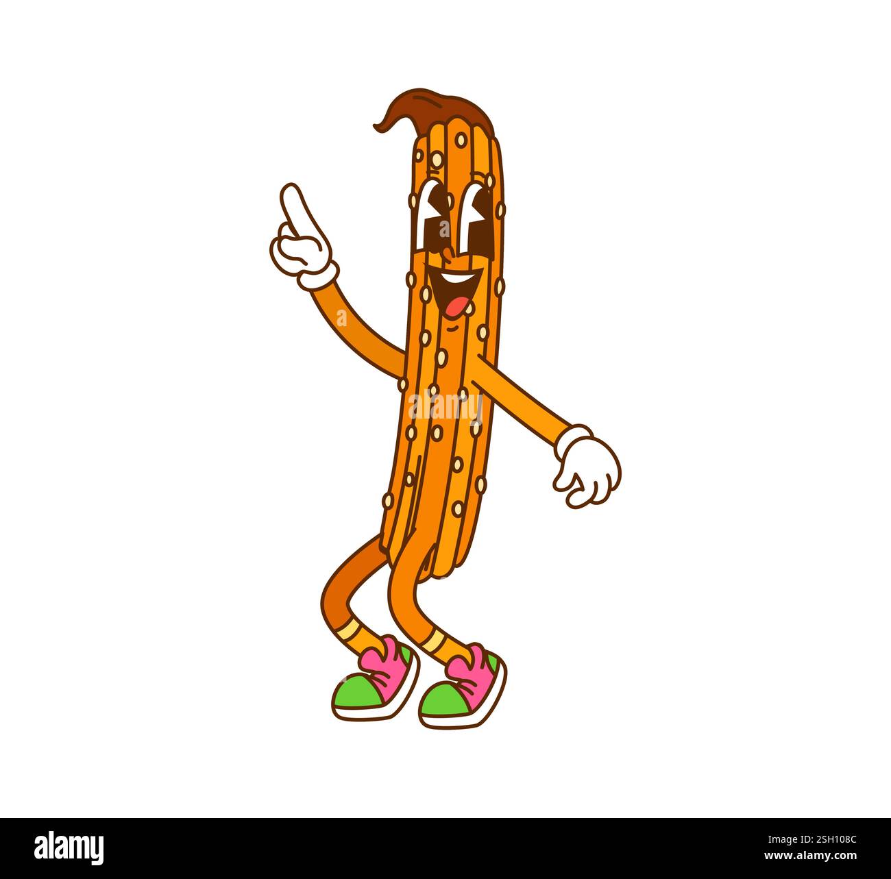 Retro cartoon groovy hippie churro as fast food with funny face, vector ...