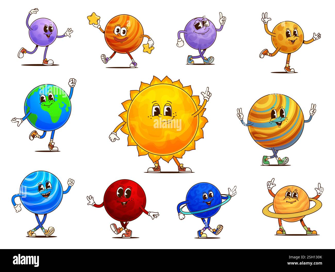 Solar system groovy planets characters, vector kids education, space ...