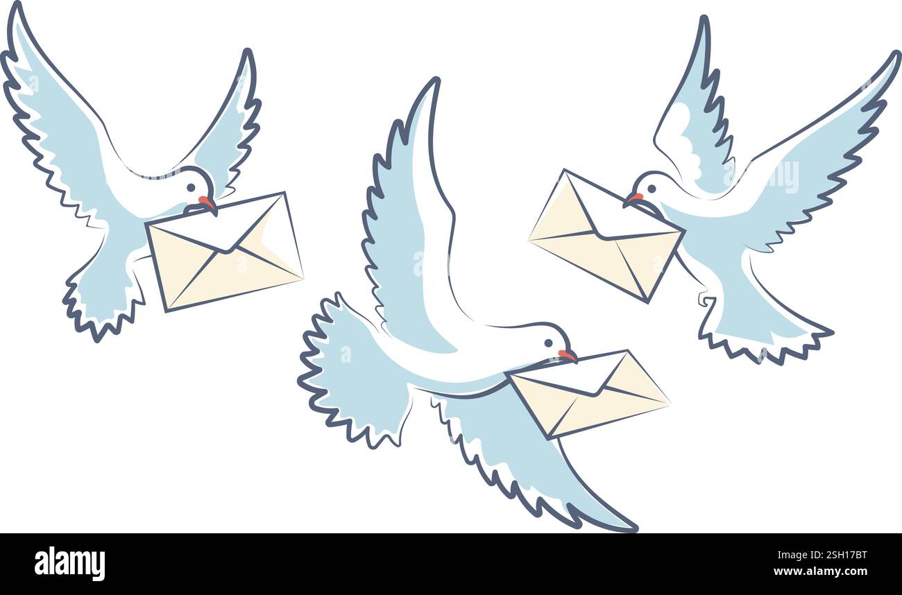 Pigeon mail. Postal dove bird with letter hand drawn sketch isolated ...
