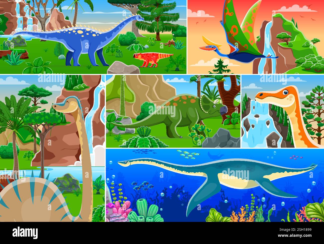 Prehistoric dinosaur and reptile characters collage. Funny dino animal ...