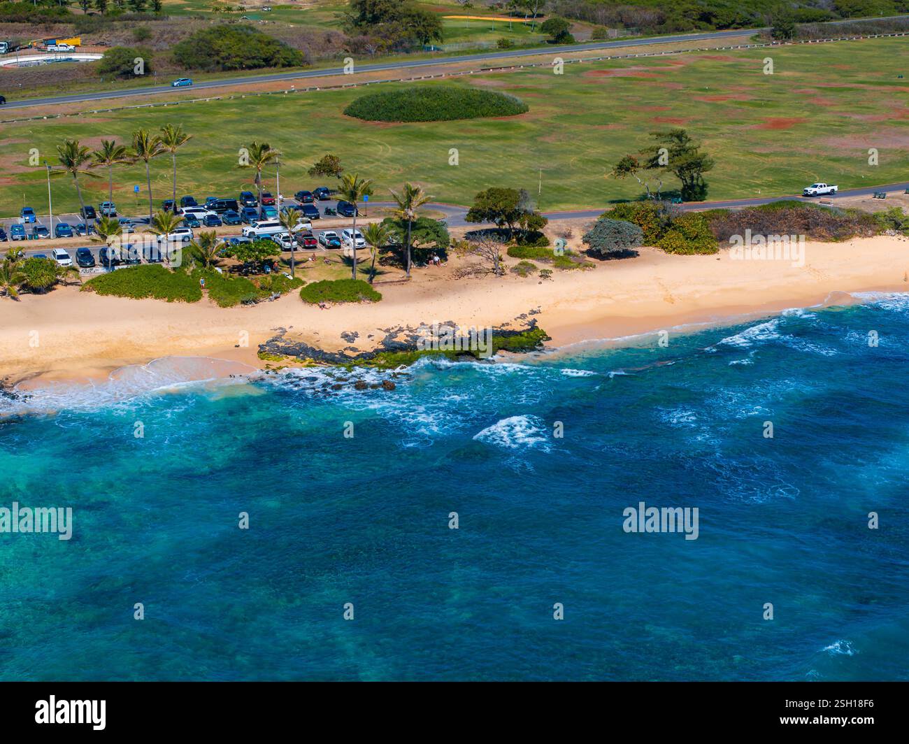 Aerial View of Sandy Beach and Turquoise Waters on Oahu Island, Hawaii ...