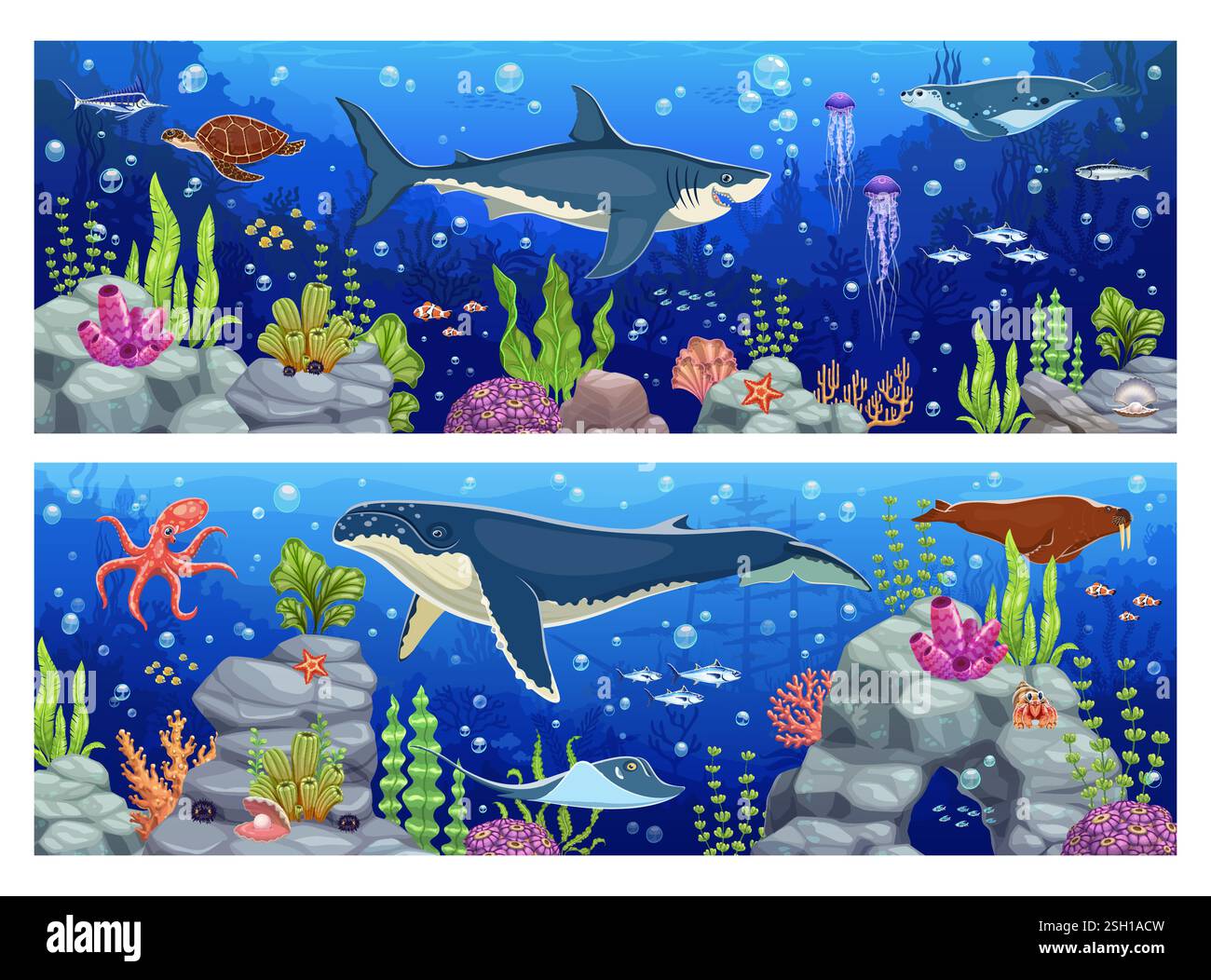 Underwater landscape game background with cartoon sea animals and ...