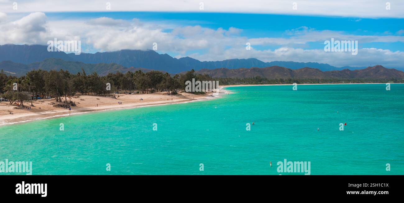 Aerial View of a Beach on Oahu Island with Mountains in Background ...