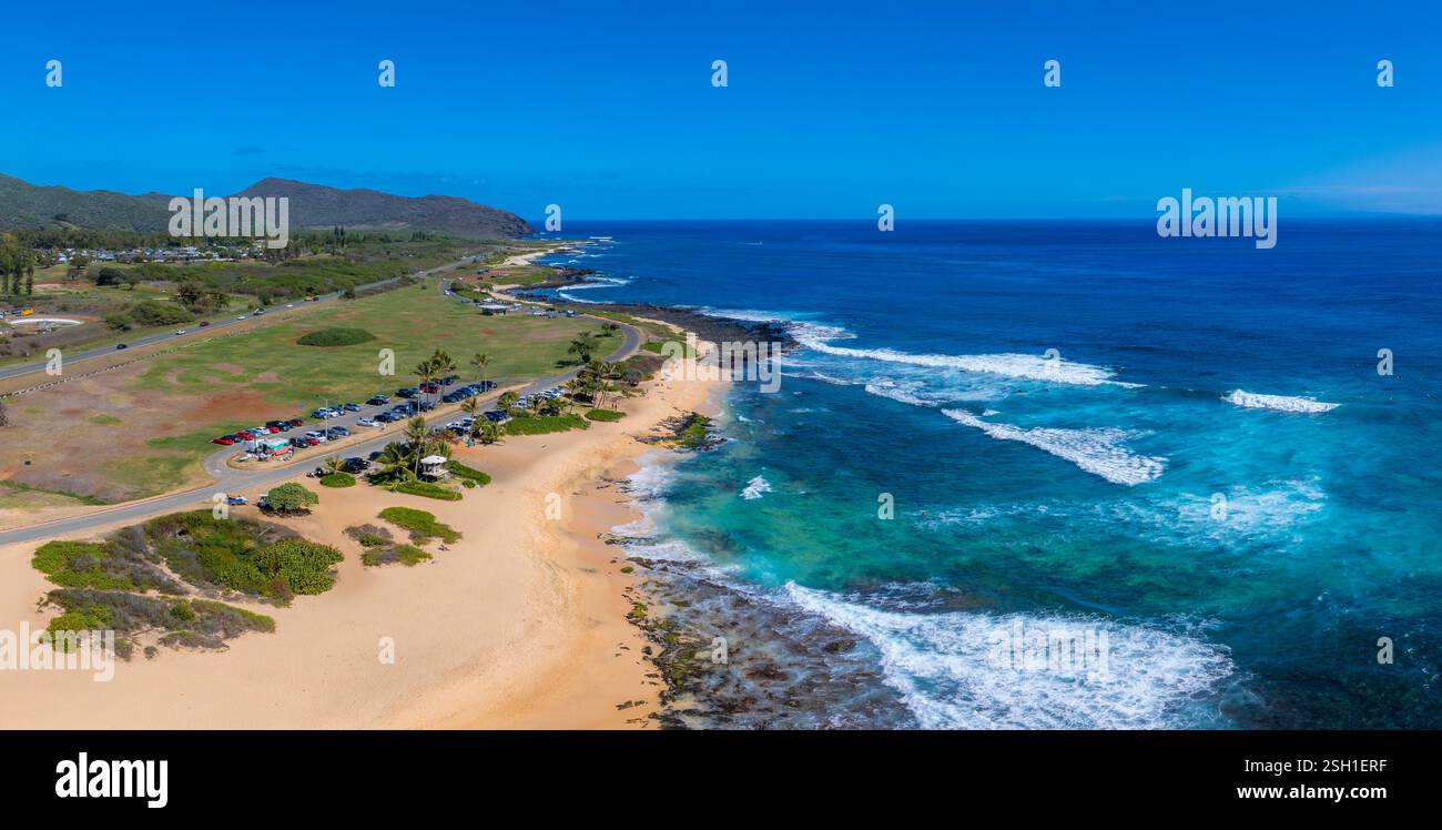Aerial View of Sandy Beach and Coastal Road on Oahu Island, Hawaii ...