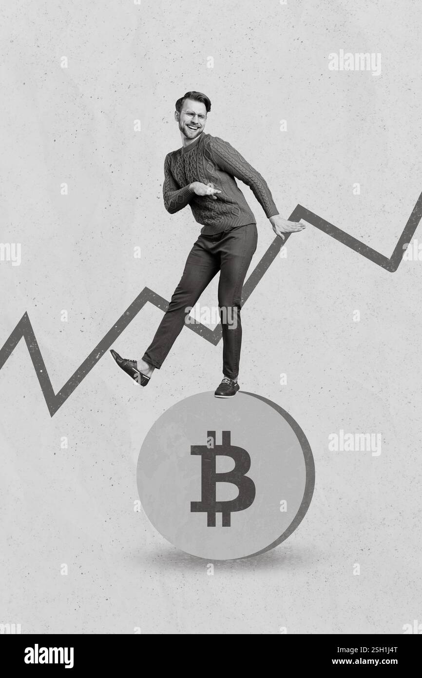Vertical collage image of excited positive small guy stand big bitcoin ...