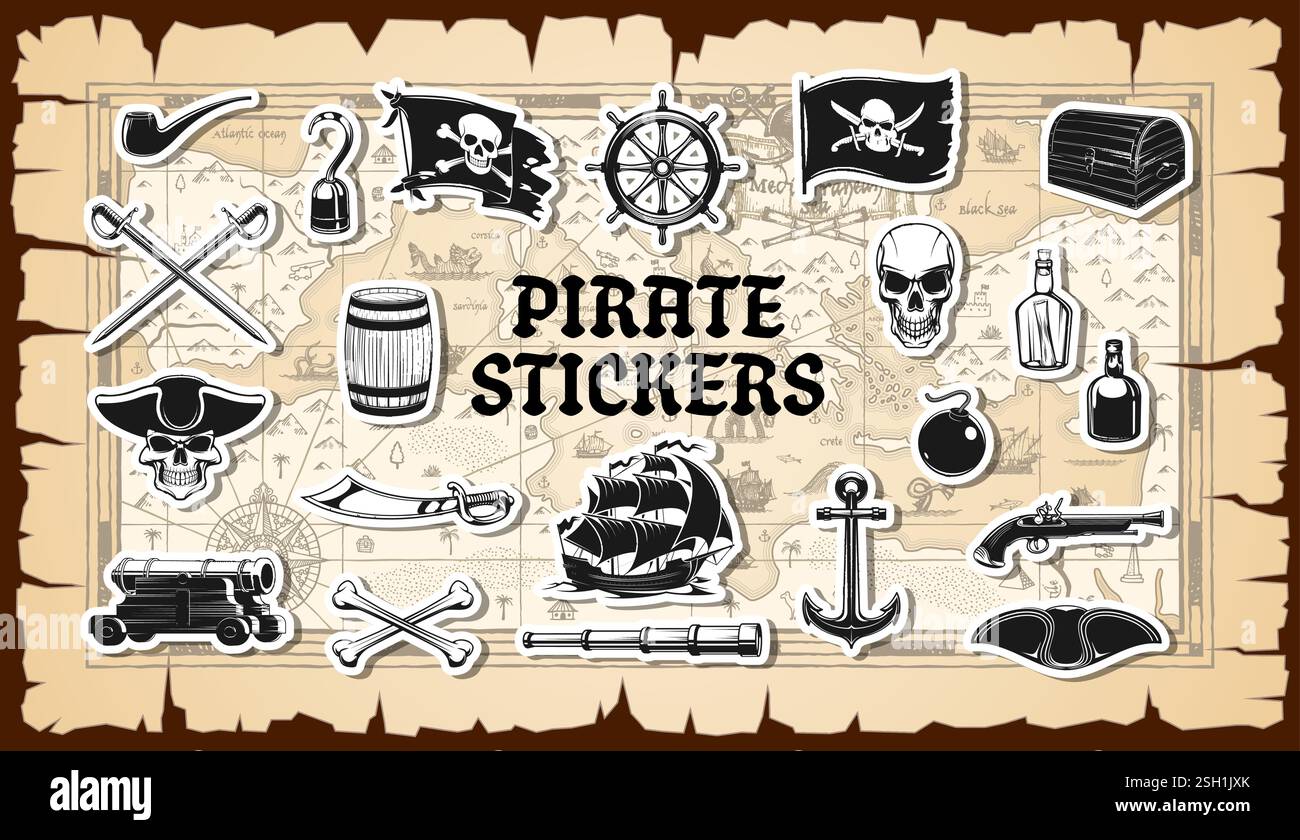 Pirates and corsairs stickers pack at treasure map vector background ...