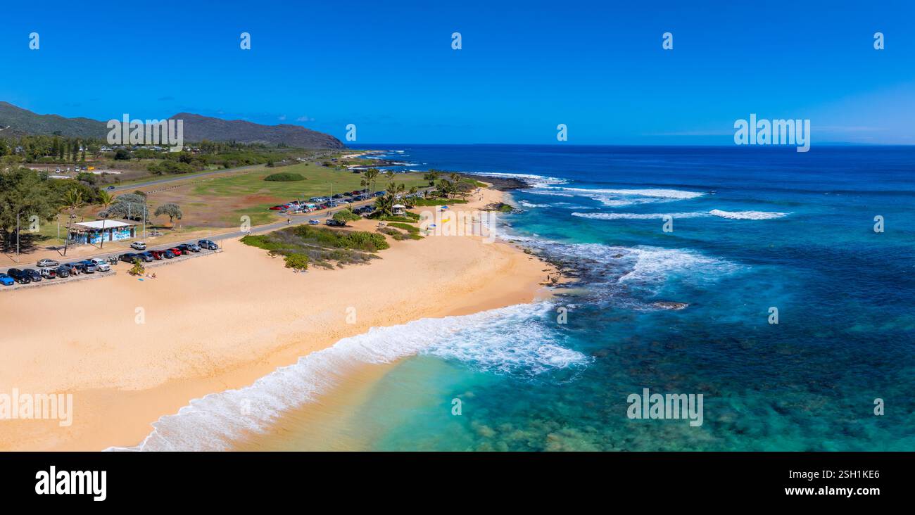Aerial View of Curved Beach and Turquoise Waters on Oahu Island Stock ...