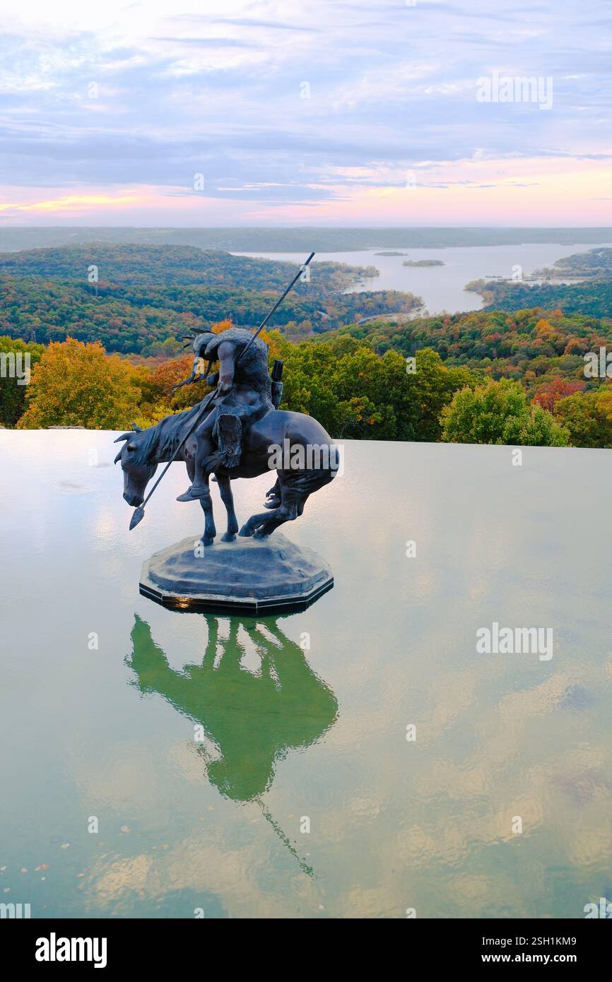Native American on Horseback Statue Reflecting in Scenic Water Stock ...