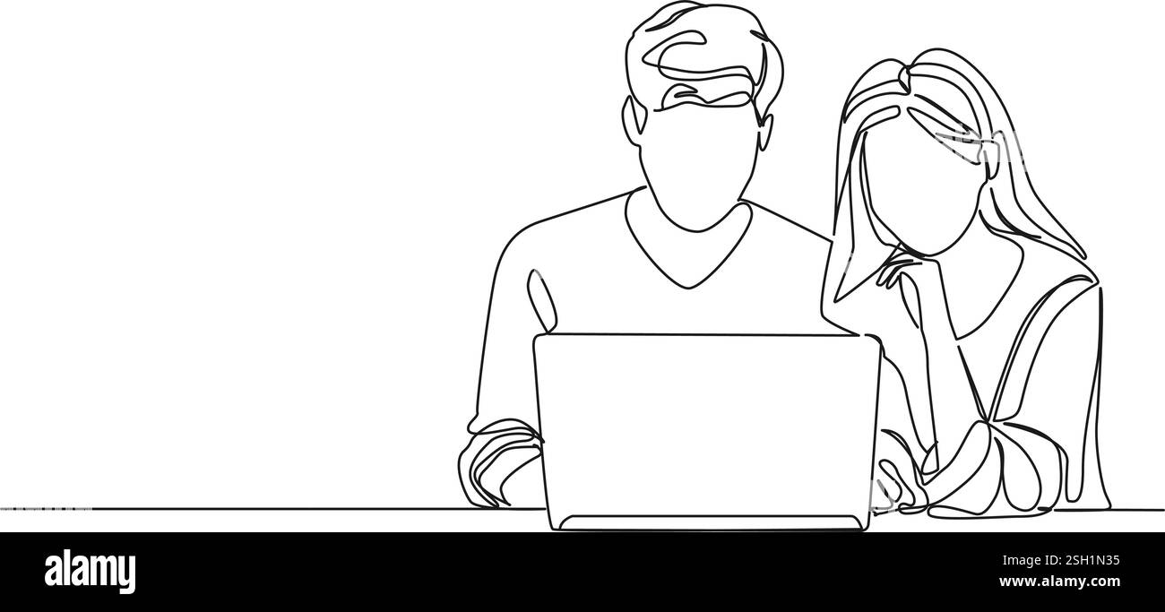 continuous single line drawing of young man and woman looking at laptop ...