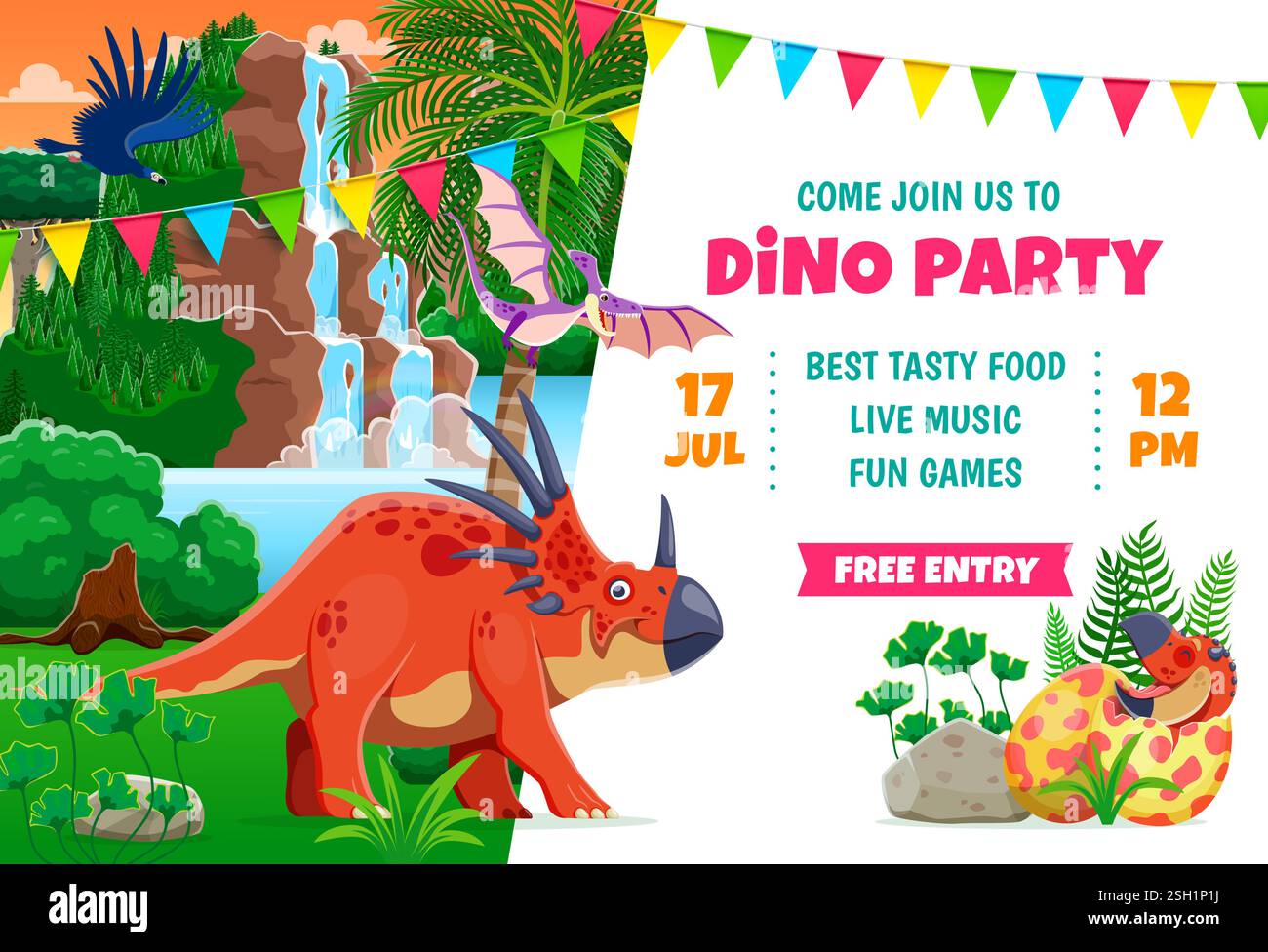 Kids party flyer with funny prehistoric dinosaurs characters and ...
