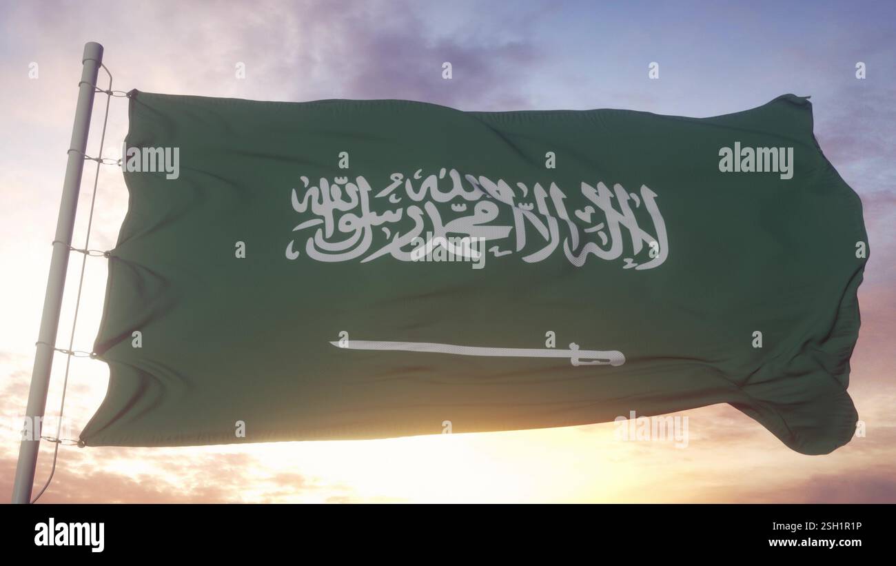 Flag of Saudi Arabia waving in the wind, sky and sun background. 3d ...