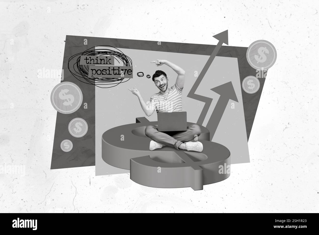 Creative photo collage illustration of optimistic good mood guy sit on ...