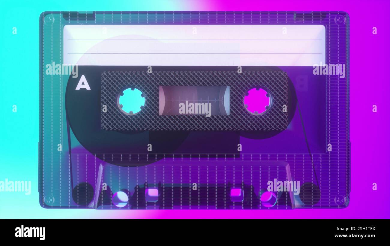 Retro music concept. Radio tape recorder, audio cassette. Vintage neon ...