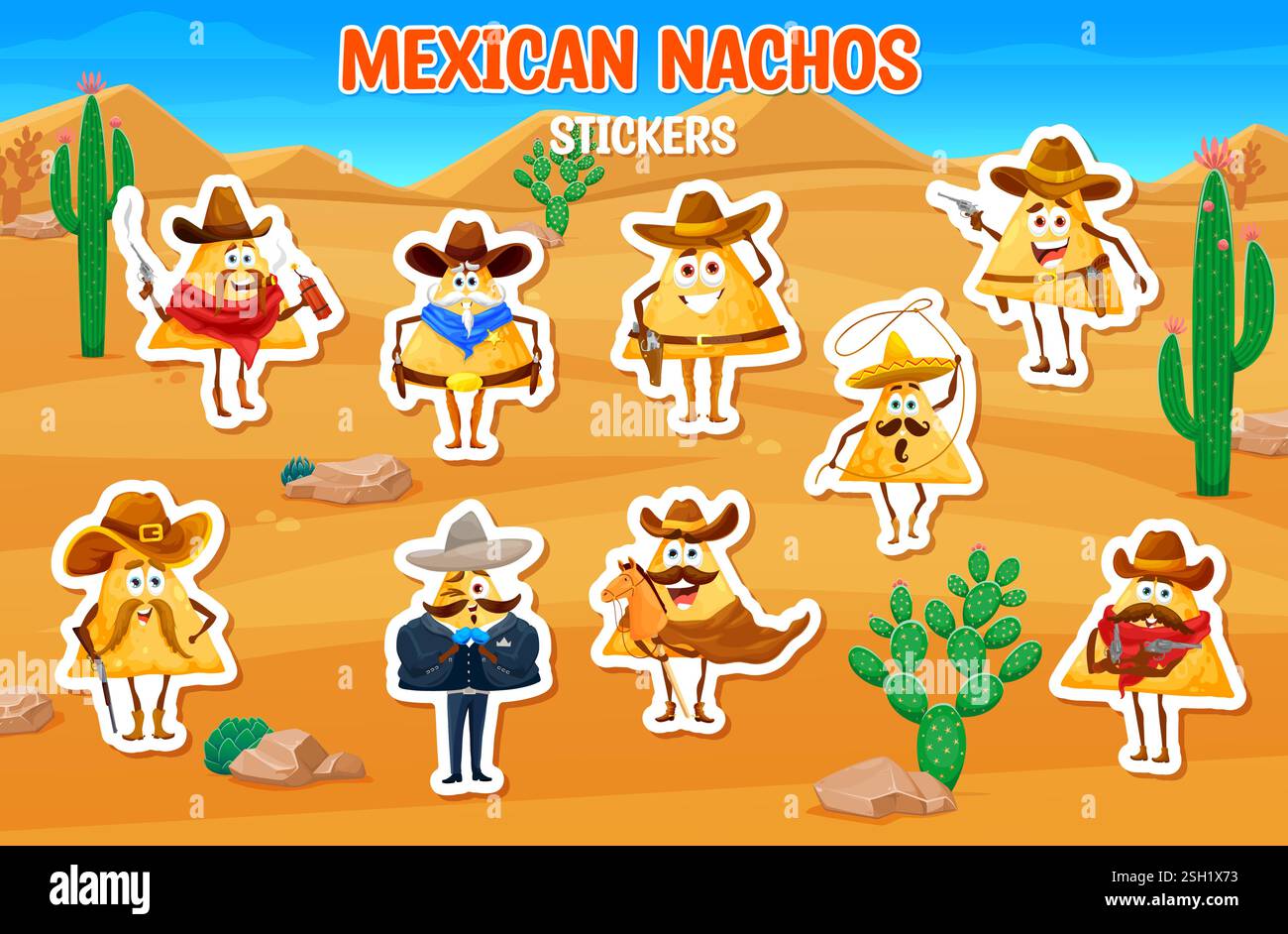 Cartoon nachos chips cowboy, ranger and bandits stickers. Wild West ...