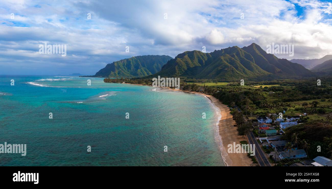 Aerial View of Oahu Coastline with Ko olau Mountains and Beach Stock ...