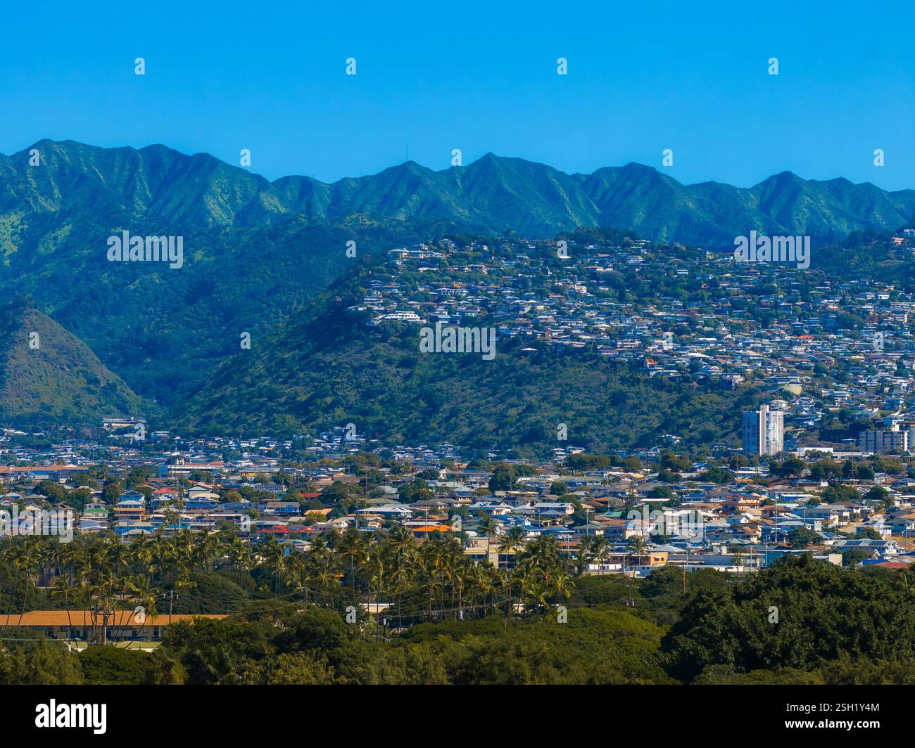 Aerial View of Residential Area and Mountain Range on Oahu Island Stock ...