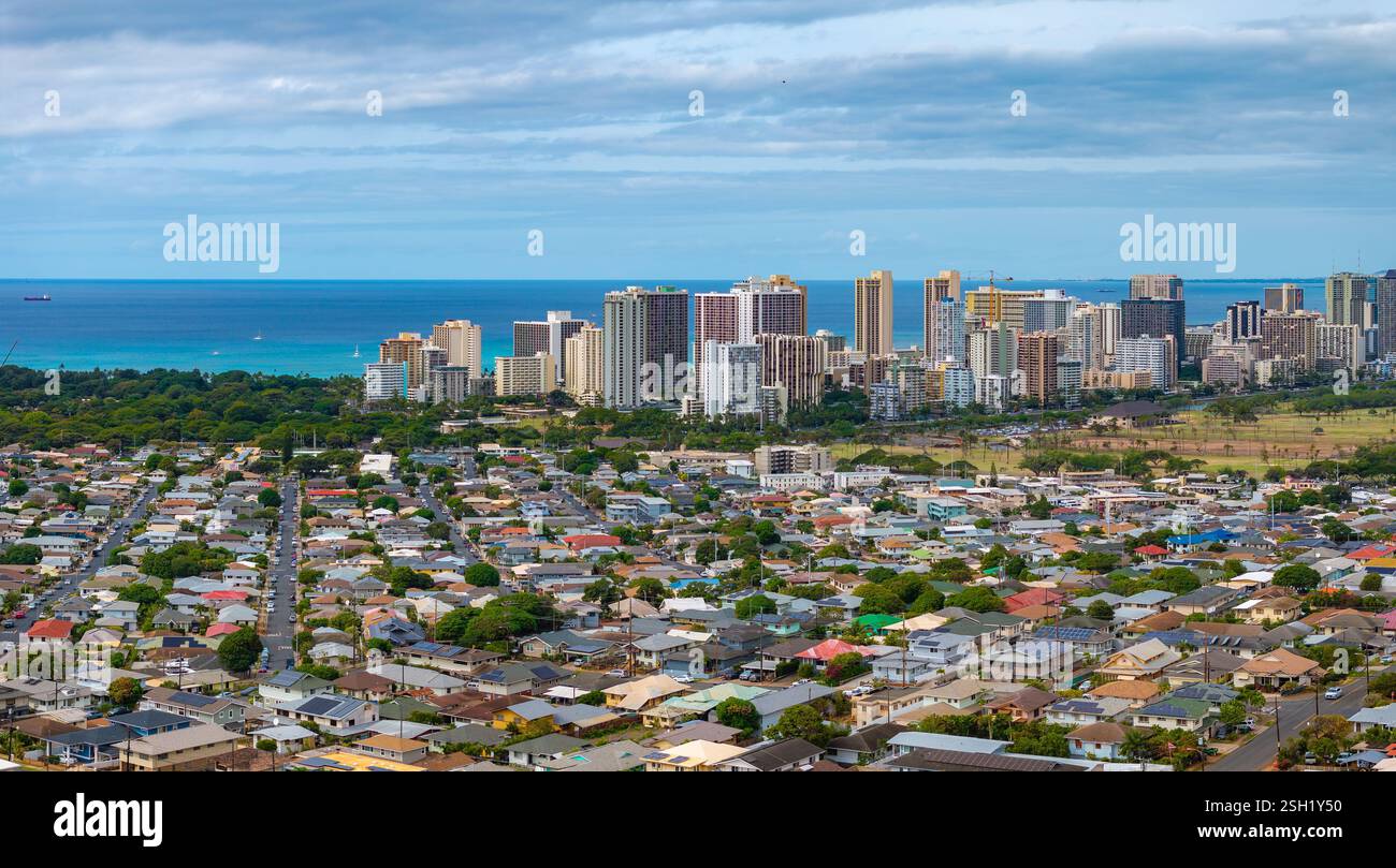 Aerial View of Honolulu Skyline and Pacific Ocean in Hawaii Stock Photo ...