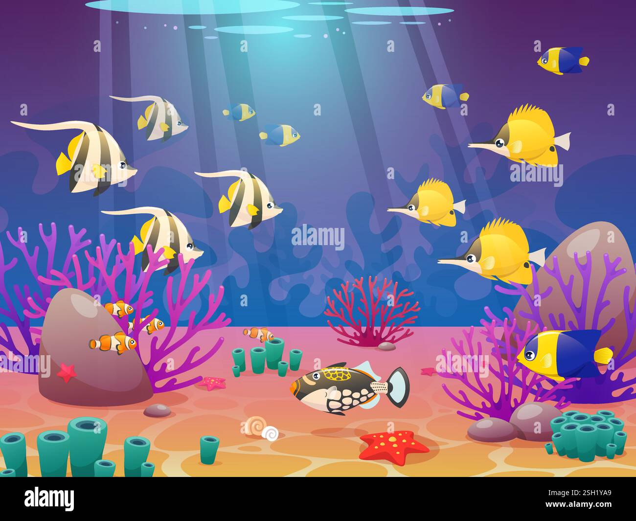 Cartoon exotic fish on seabed. Tropical ocean fauna, bright underwater ...