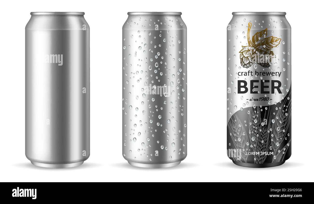 Tin can beer water drops. Realistic metal blank can for cold beverages ...