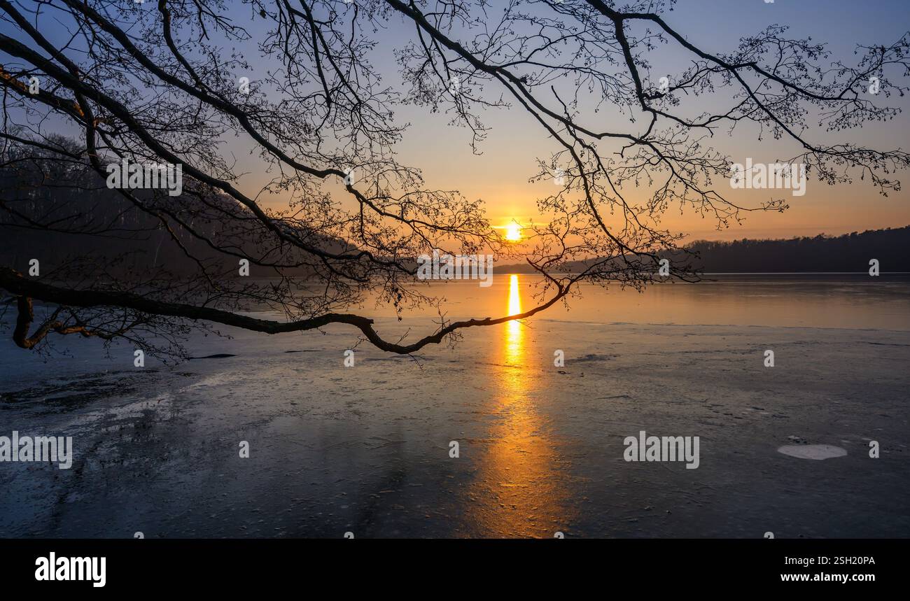 Heinersdorf, Germany. 10th Feb, 2025. The sunset shines over Lake ...