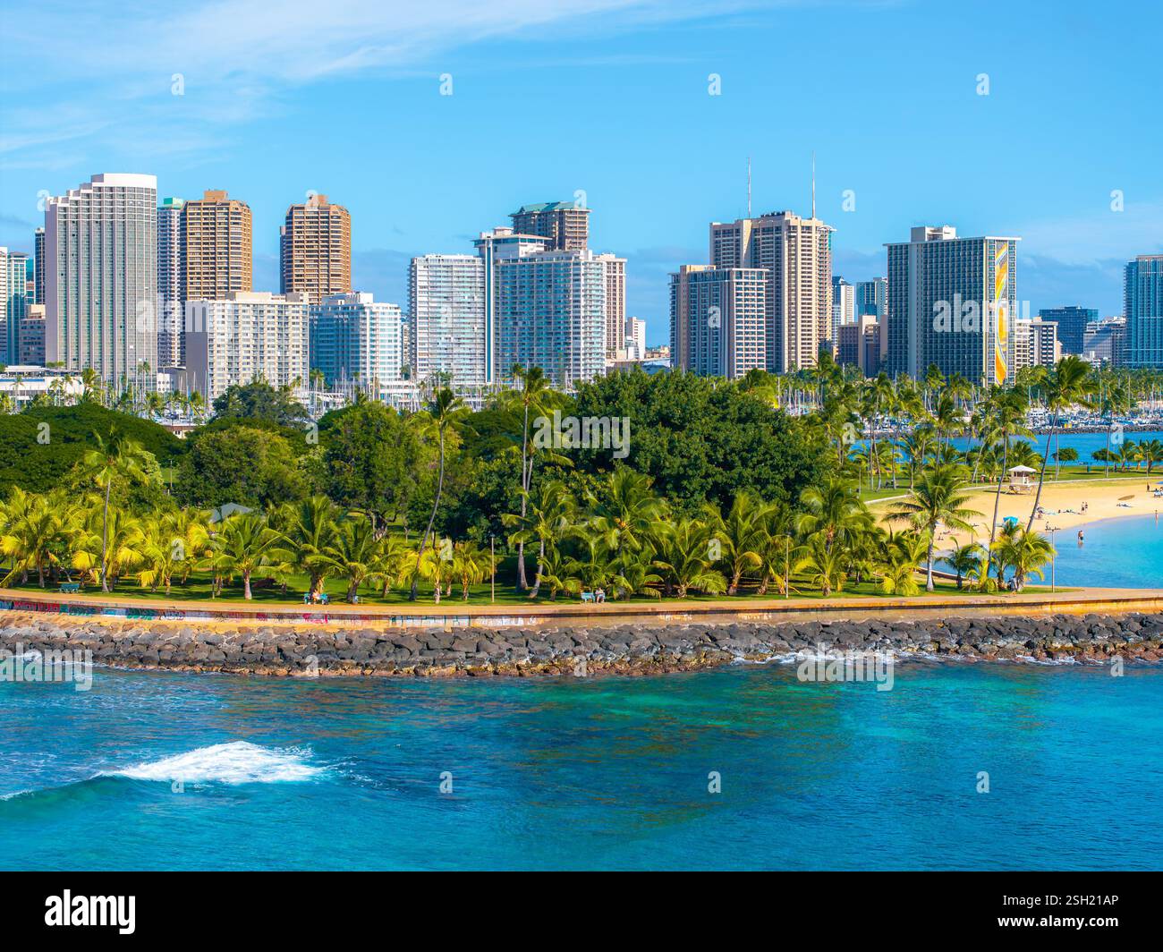 Aerial View of Honolulu Skyline with Park and Sandy Beach Stock Photo ...