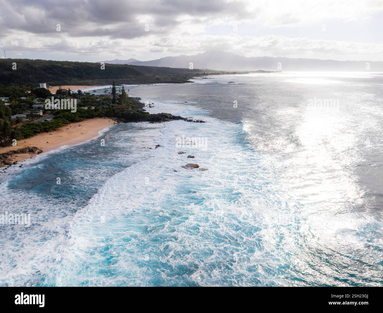 Aerial View of Oahu's North Shore Coastline with Waves and Hills Stock ...