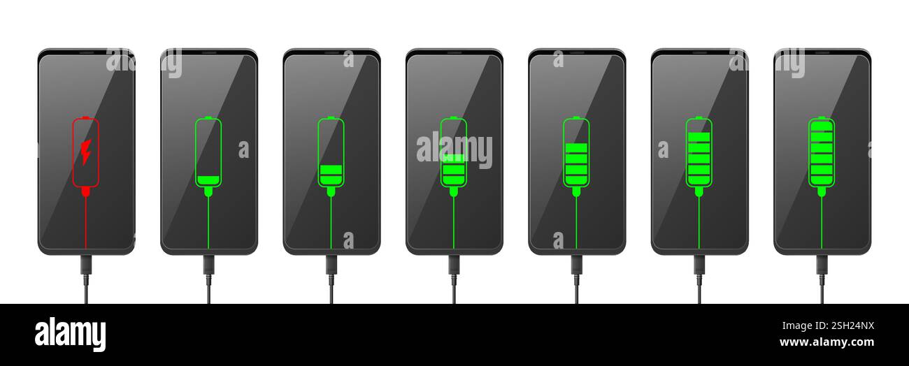 Cell phone battery charge indicator. Realistic smartphone with charging ...