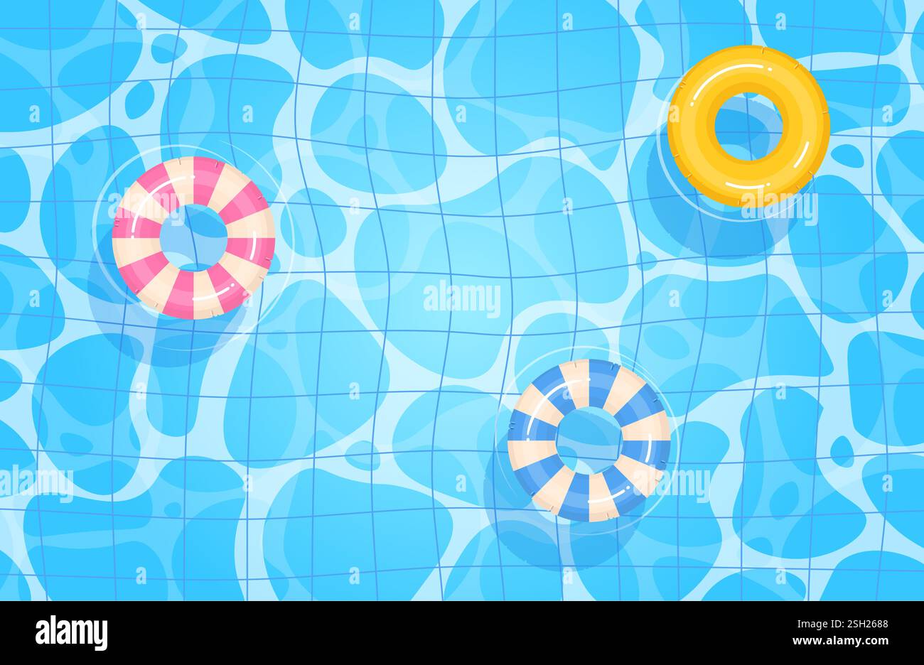 Summer water pool top view. Tubes float on waves. Frame with copy space ...
