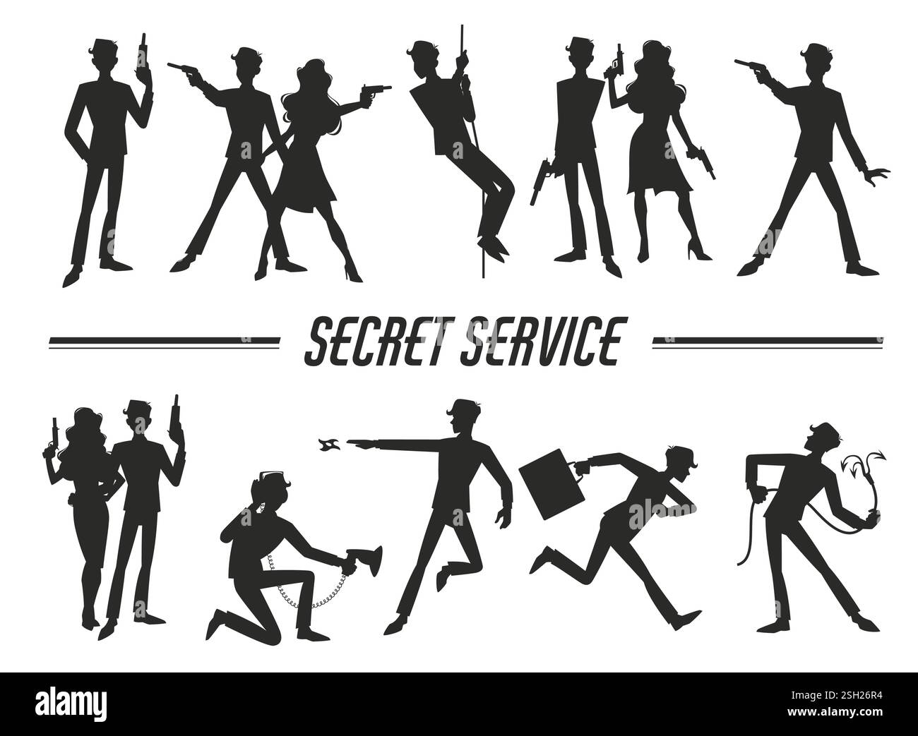 Set of silhouettes of male and female secret service personnel. Man and ...